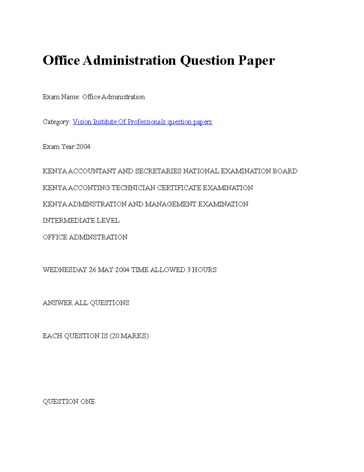 Administration Question Paper 1 - Office Administration Question Paper ...