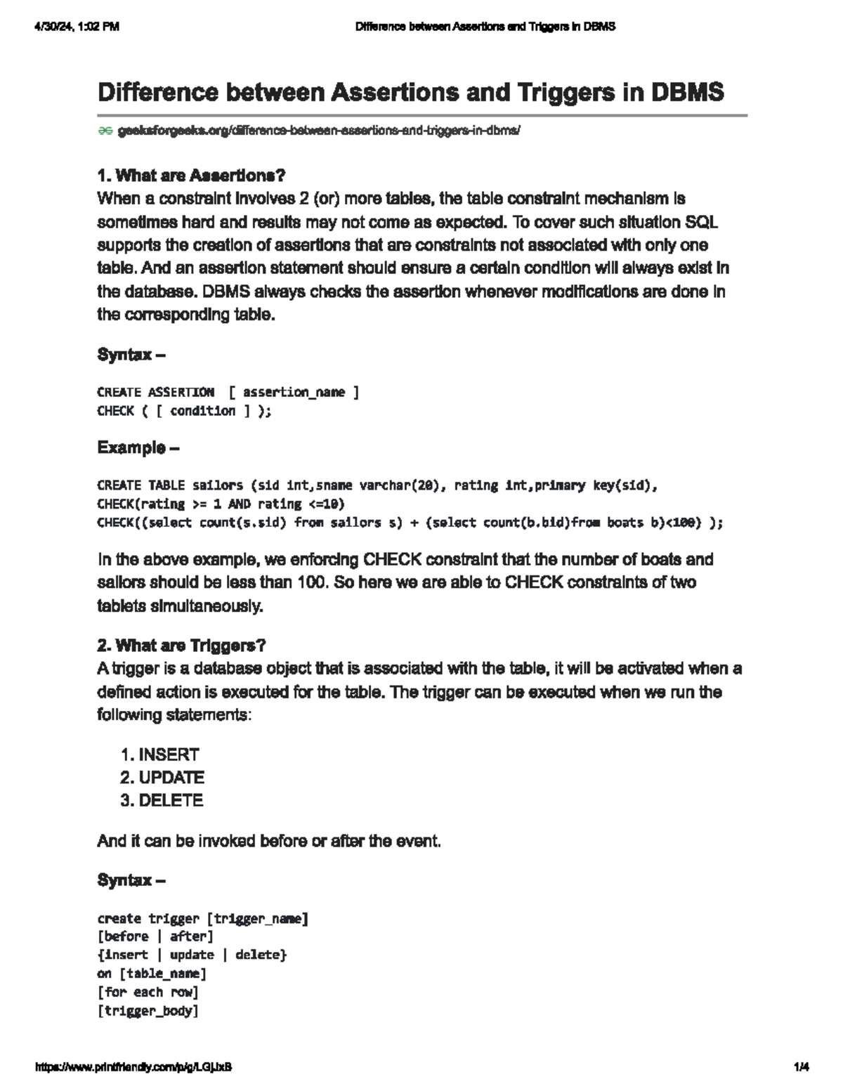 Assertions VS Triggers - Computer science - Studocu