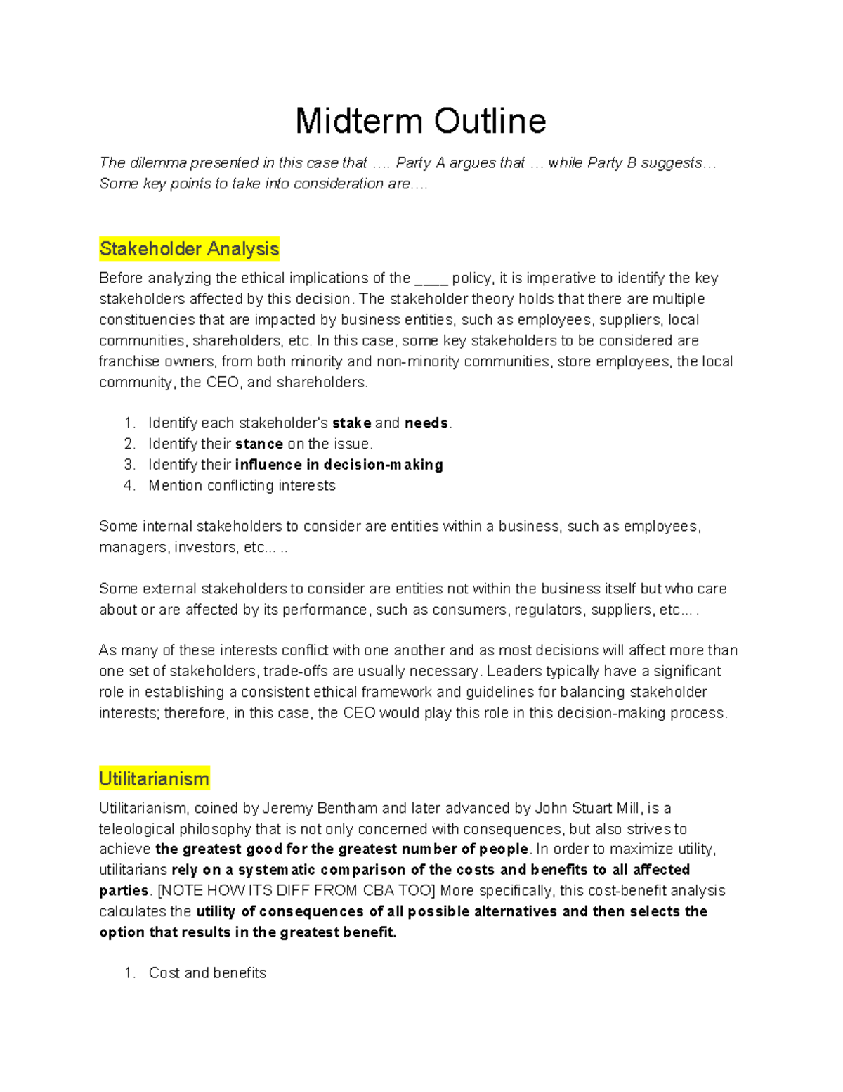 Midterm Outline - Midterm Outline The dilemma presented in this case ...