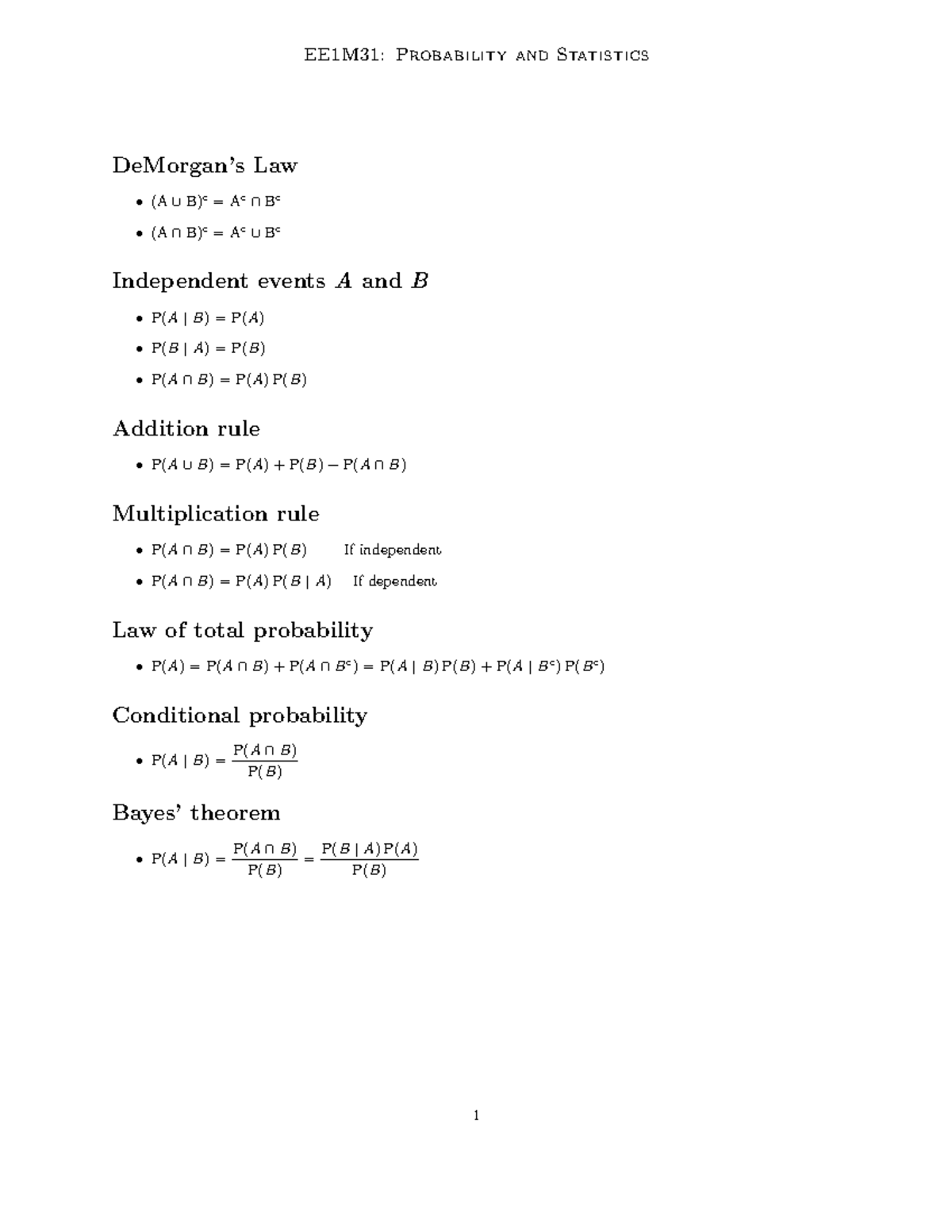 ProbStat Formulas - EE1M31: Probability and Statistics DeMorgan’s Law ...