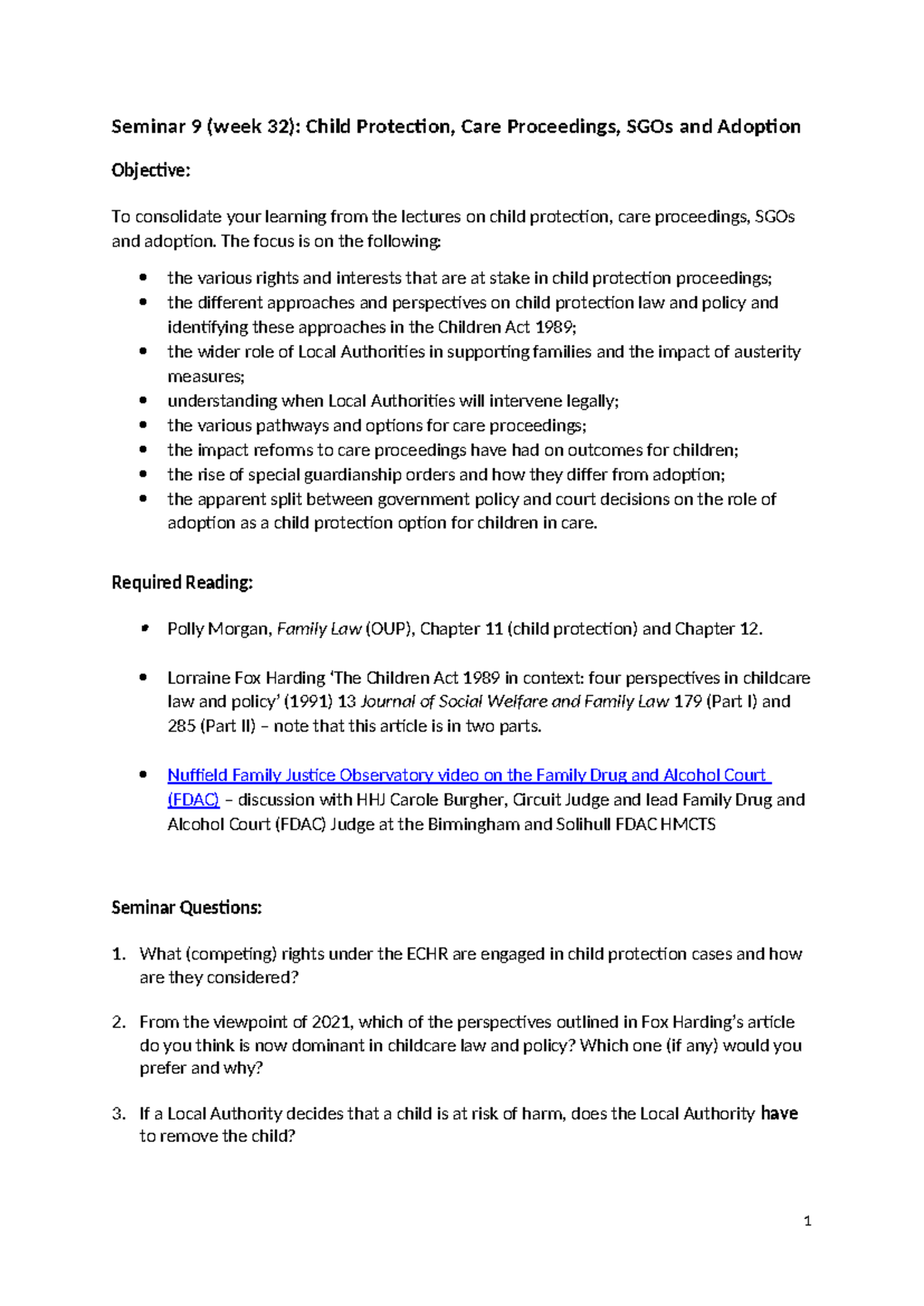 Seminar 9 Child Protection, Care Proceedings, SGOs and Adoption ...