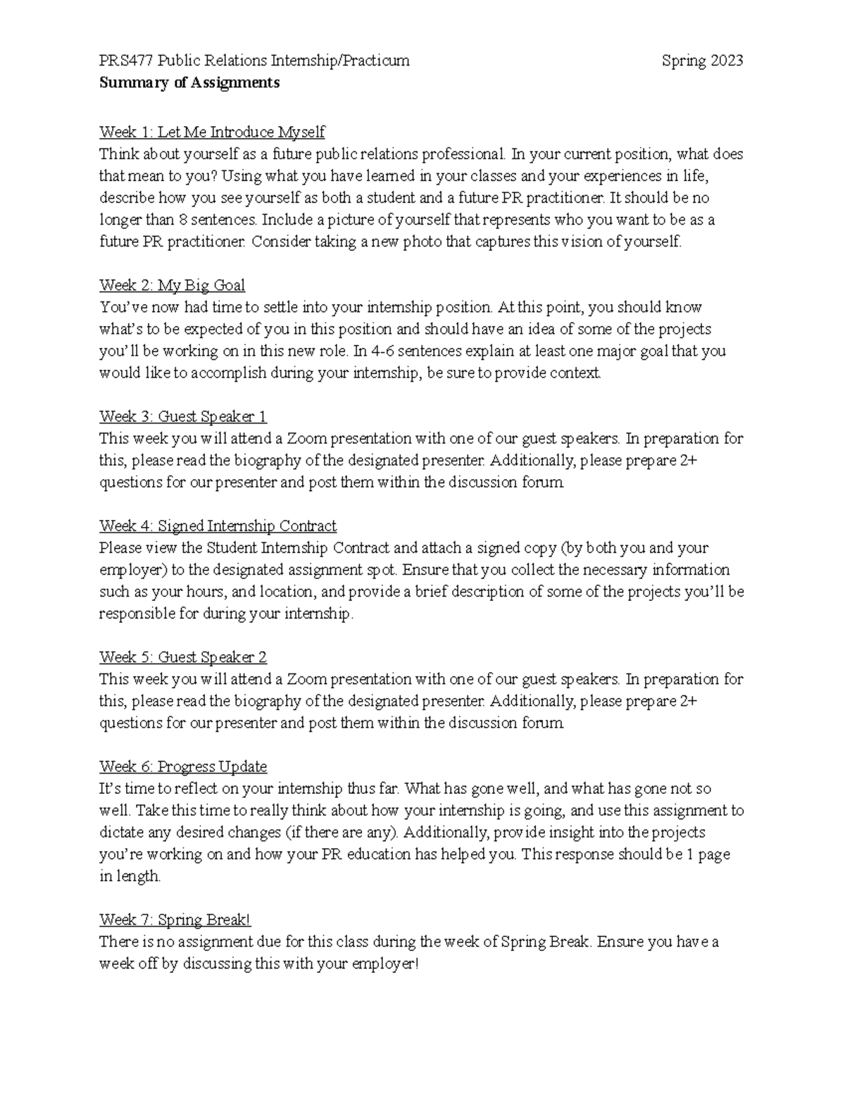 PRS477 Summary of Assignments - PRS477 Public Relations Internship ...