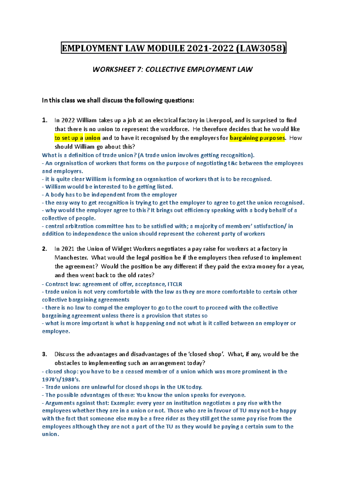 Worksheet 07-1 - tutorial questions and answers guide - EMPLOYMENT LAW ...