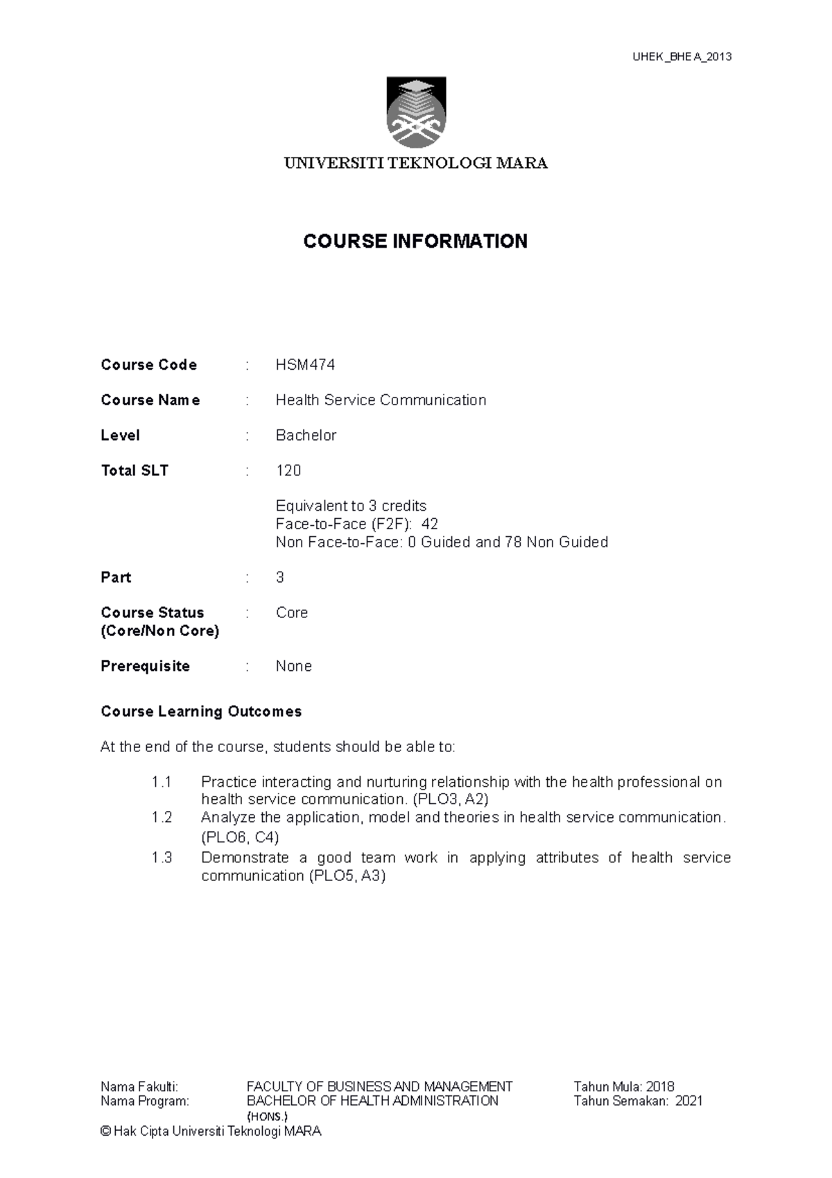 1 CI HSM474 Health Communication - UNIVERSITI TEKNOLOGI MARA COURSE ...