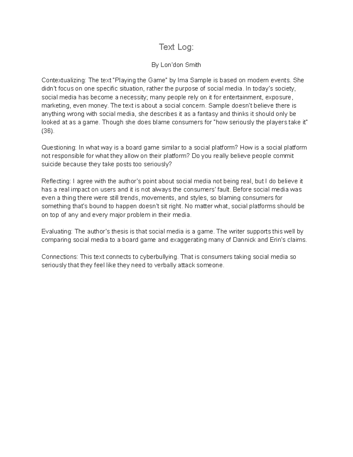 Text Log Playing the Game - Text Log: By Lon’don Smith Contextualizing ...