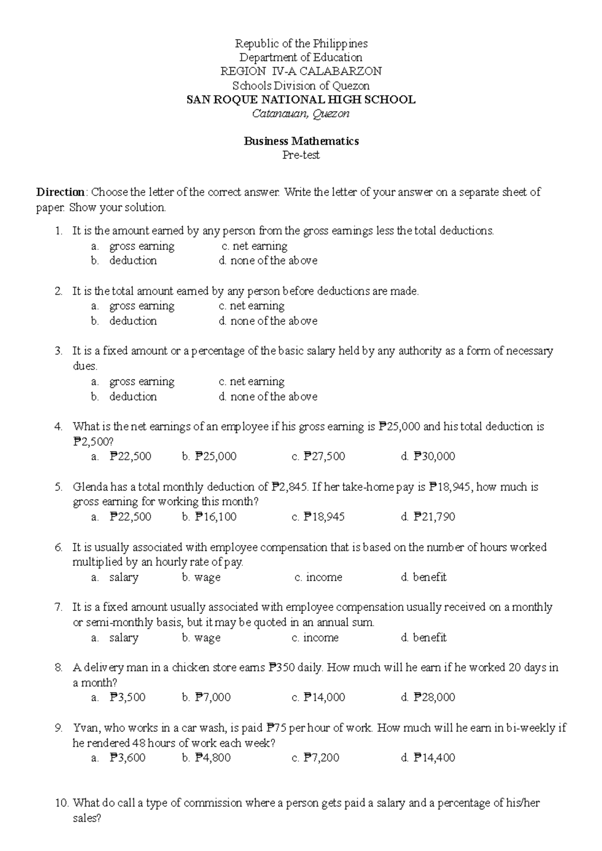 Business Mathematics Republic Of The Philippines Department Of
