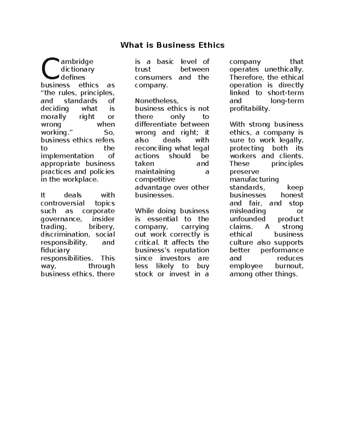 Divino Word Exer 1 - Word - What is Business Ethics ambridge dictionary ...