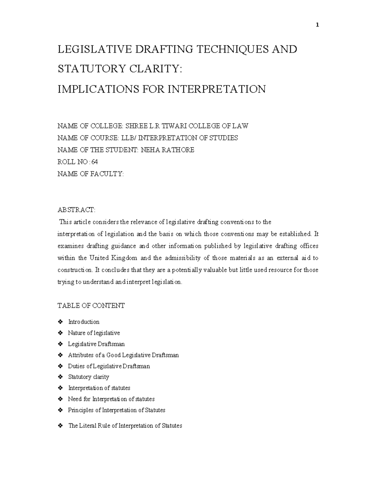 Neha - notes - LEGISLATIVE DRAFTING TECHNIQUES AND STATUTORY CLARITY ...