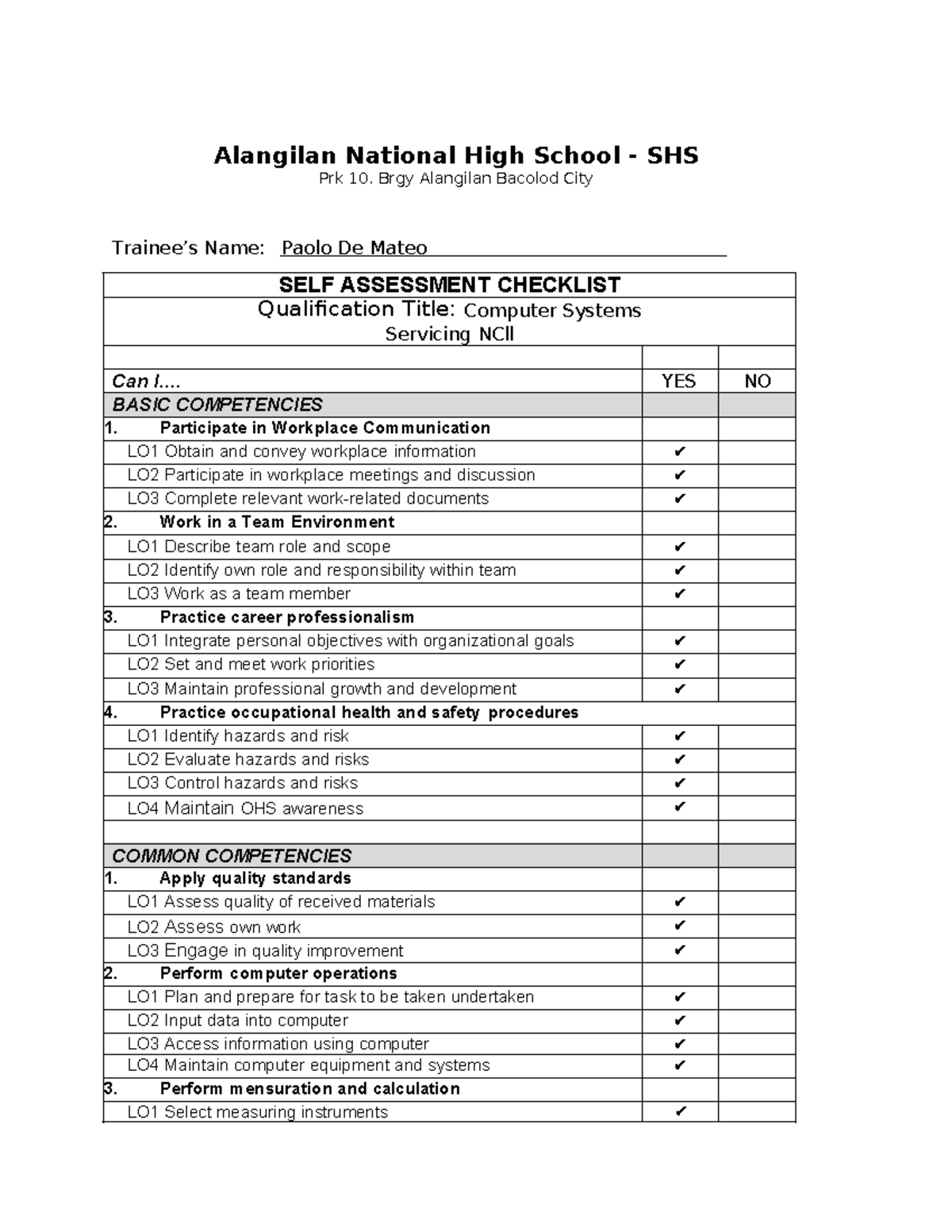 1. SELF Assessment Check - Alangilan National High School - SHS Prk 10 ...