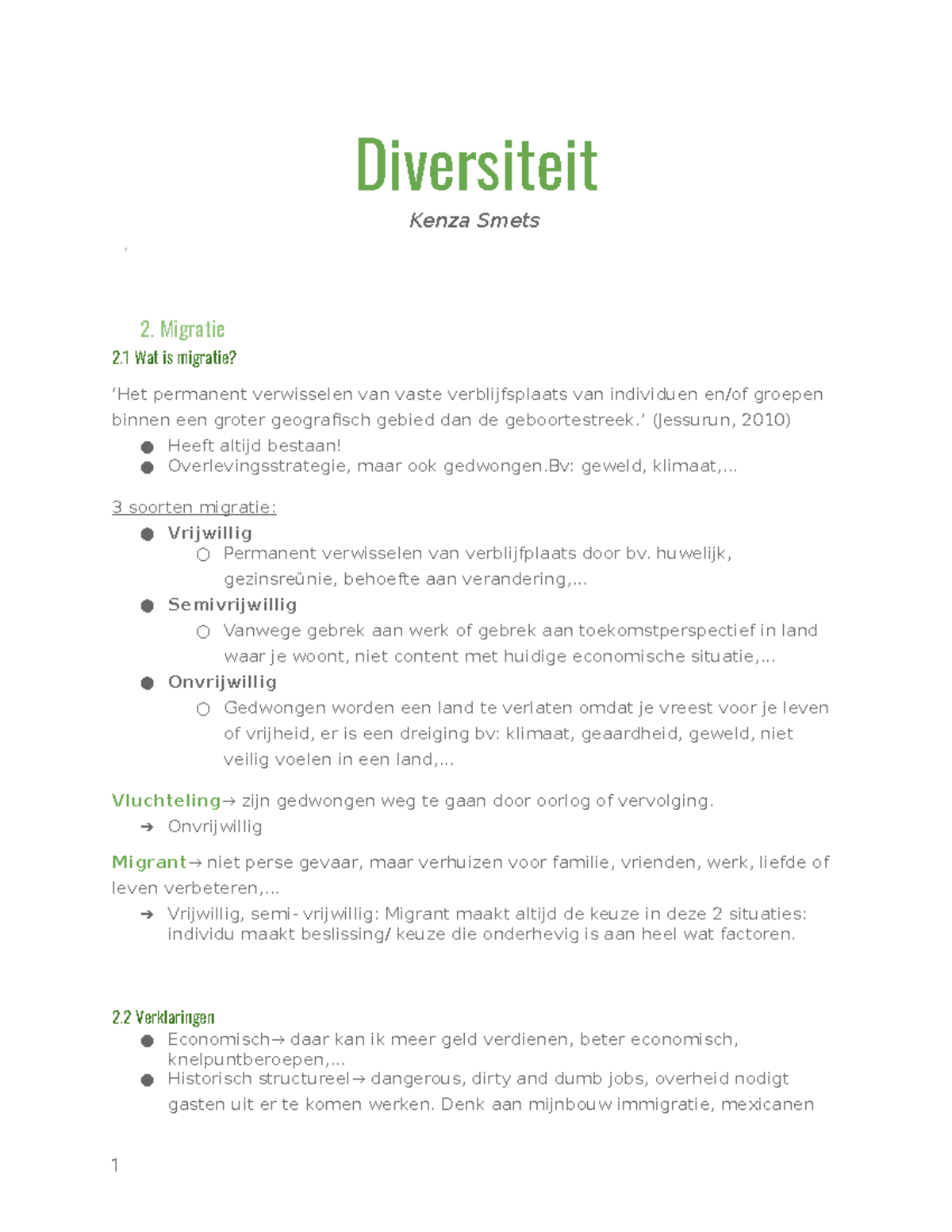 samenvatting les 1+2 Inleiding diversiteit - Diversiteit Kenza Smets 2. Migratie 2 Wat is ...