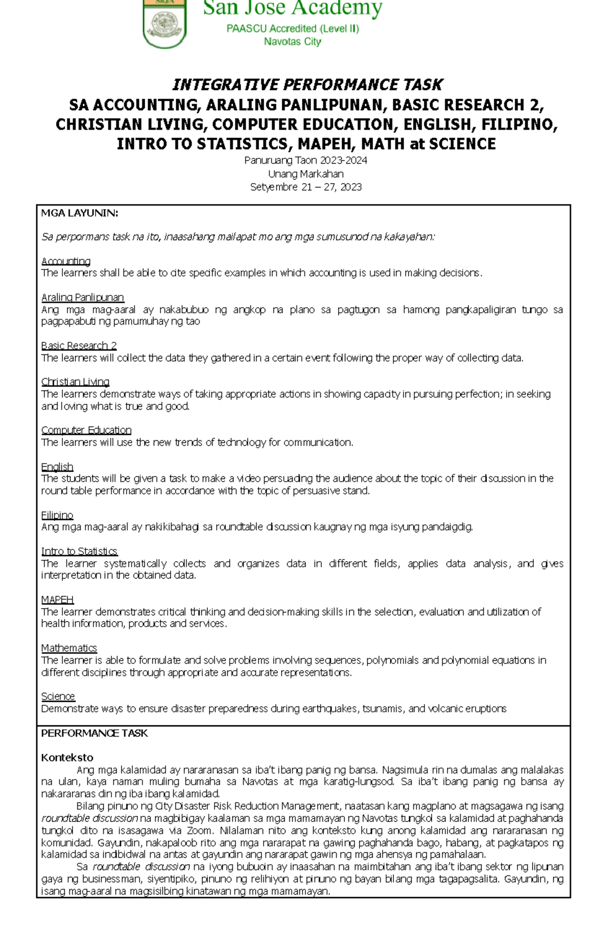 AP10 PETA 1Q.docx - Performance Tasks - INTEGRATIVE PERFORMANCE TASK SA ...