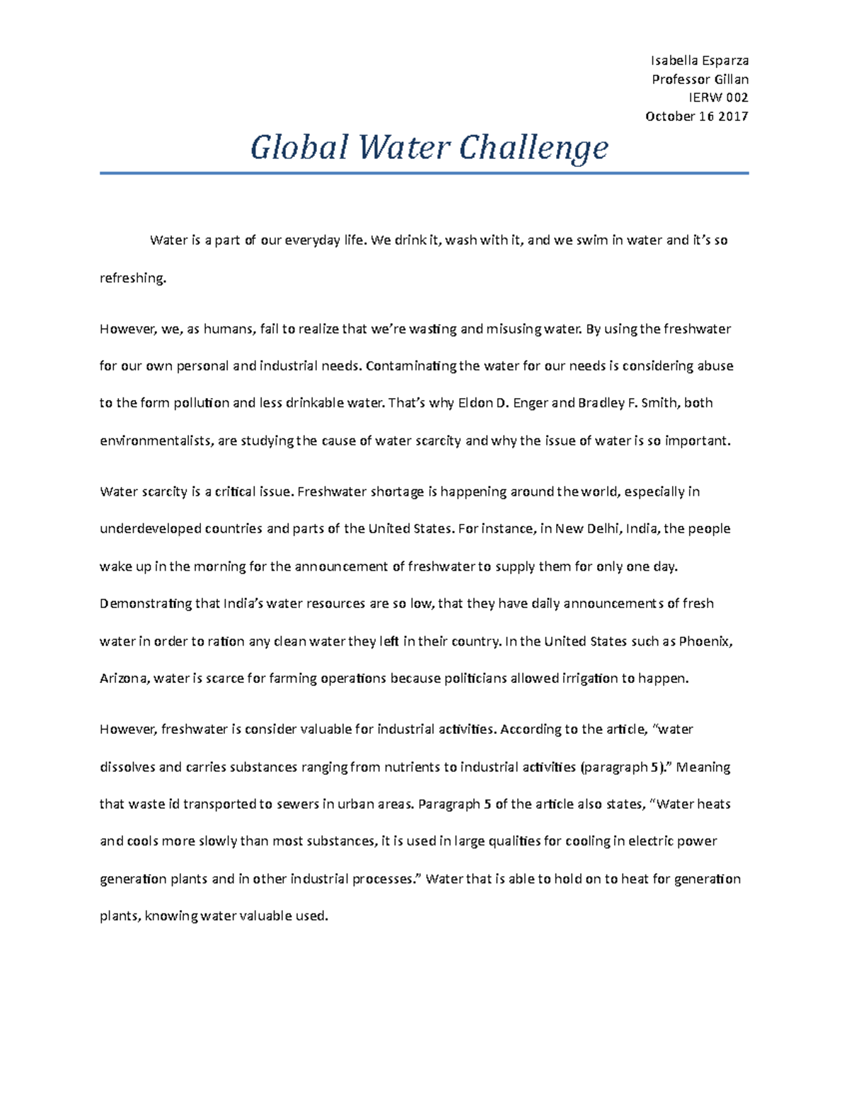 Global Water Challenge - Isabella EsparzaProfessor Gillan October 16 ...
