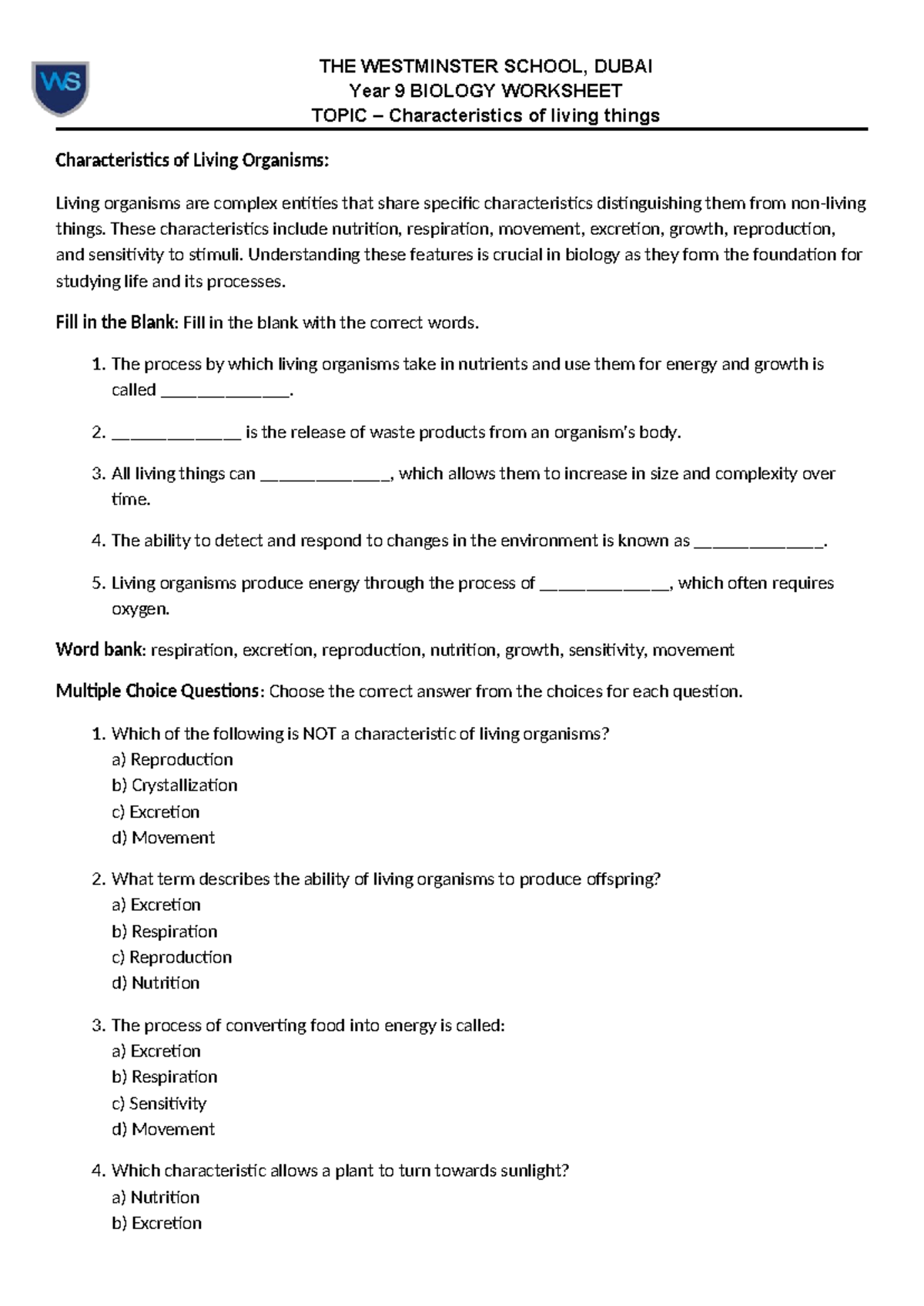 Characteristics OF Living Things Wrksht BIO YR9 - THE WESTMINSTER ...