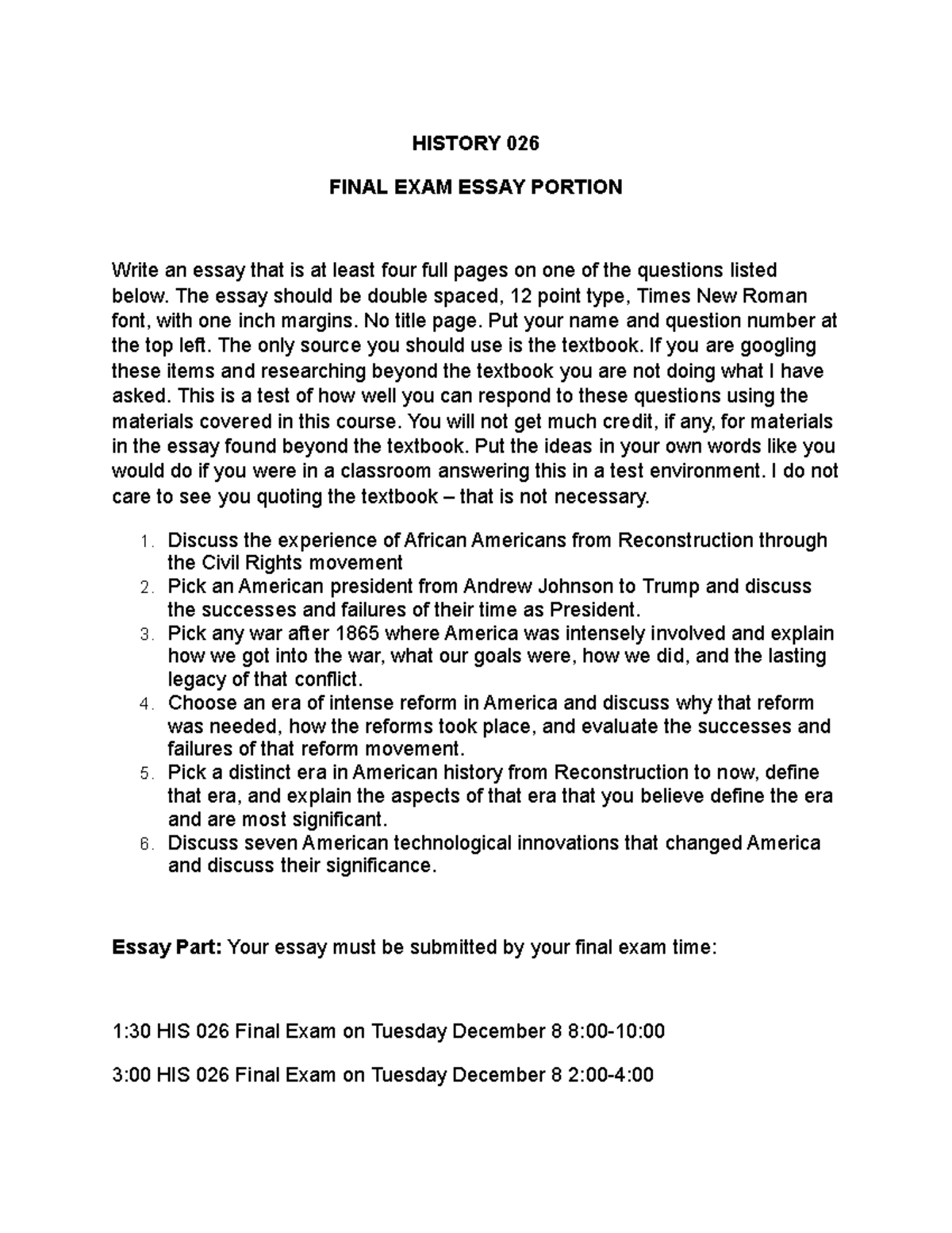 History 026 Final Exam - HISTORY 026 FINAL EXAM ESSAY PORTION Write an ...