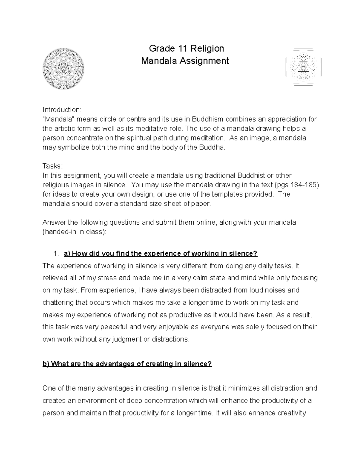 Mandala Assignment (Religion) - Grade 11 Religion Mandala Assignment ...
