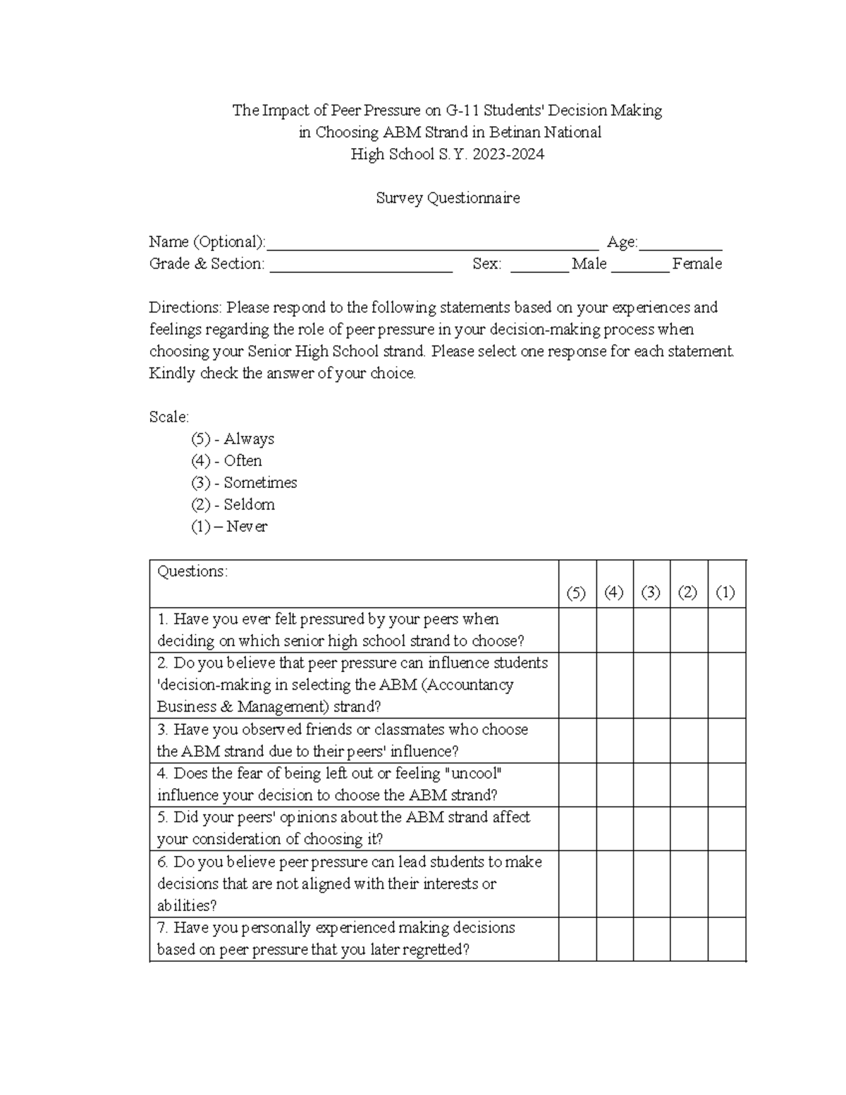 Survey-Questionnaire-Thesis Example - The Impact of Peer Pressure on G ...