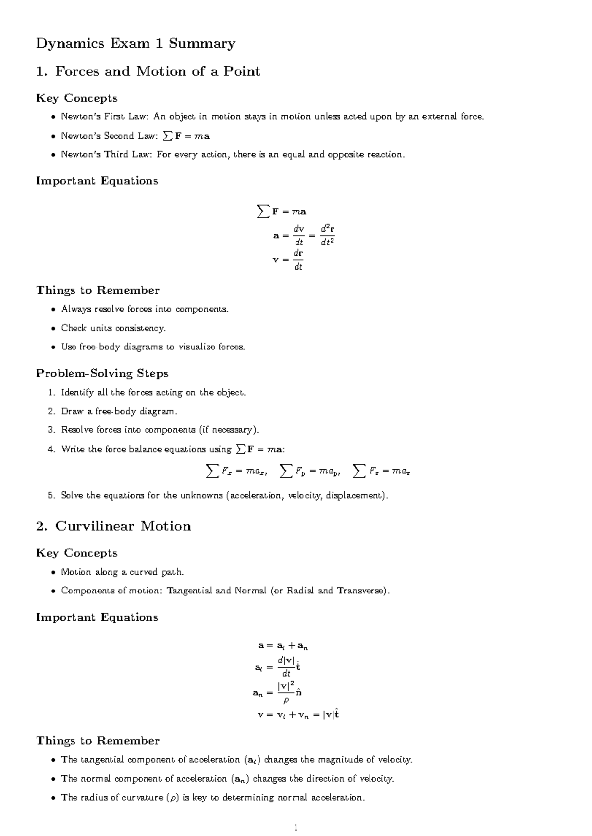 Dynamics Practice - Dynamics Exam 1 Summary 1. Forces and Motion of a ...