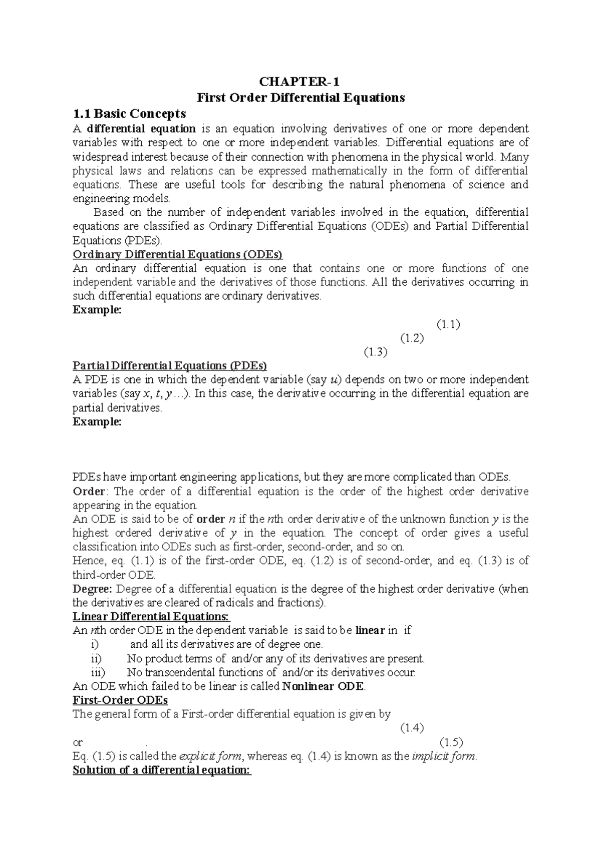 1.1 Note - answers - CHAPTER- First Order Differential Equations 1 Basic Concepts A differential ...