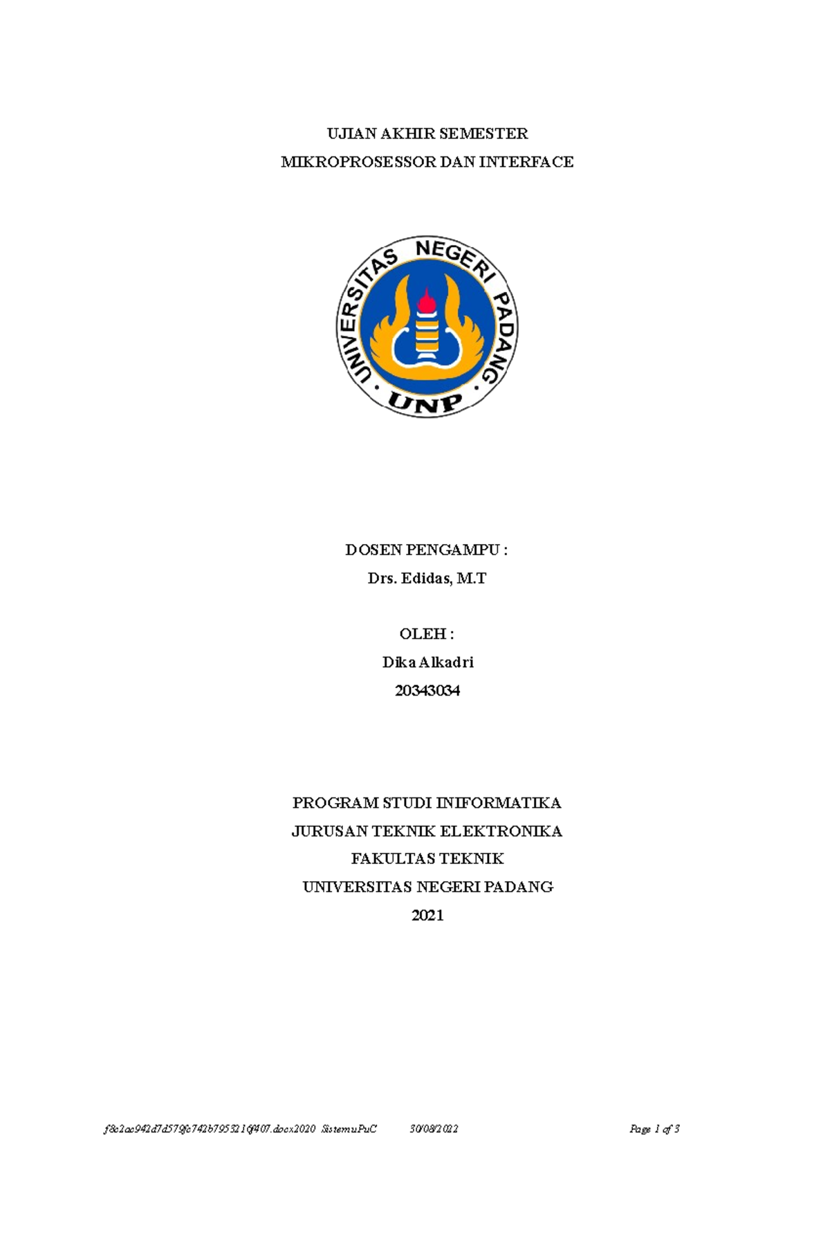 Uas Micro Ujian Akhir Semester Mikroprosessor Dan Interface Dosen Pengampu Drs Edidas M 