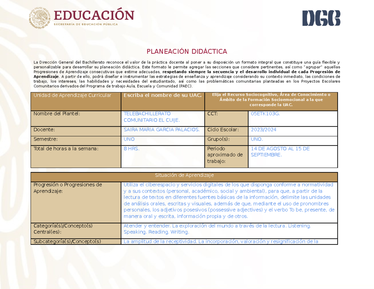 Formato de Planeación Didáctica - PLANEACIÓN DIDÁCTICA La Dirección General del Bachillerato ...