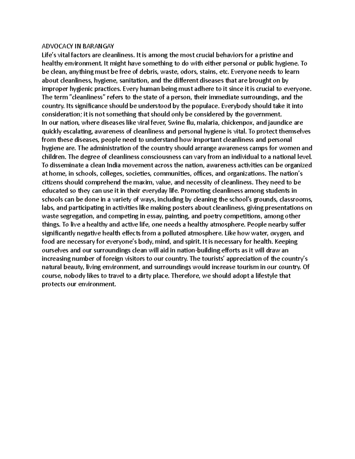 Advocacy IN Barangay - Essay - ADVOCACY IN BARANGAY Life's vital ...