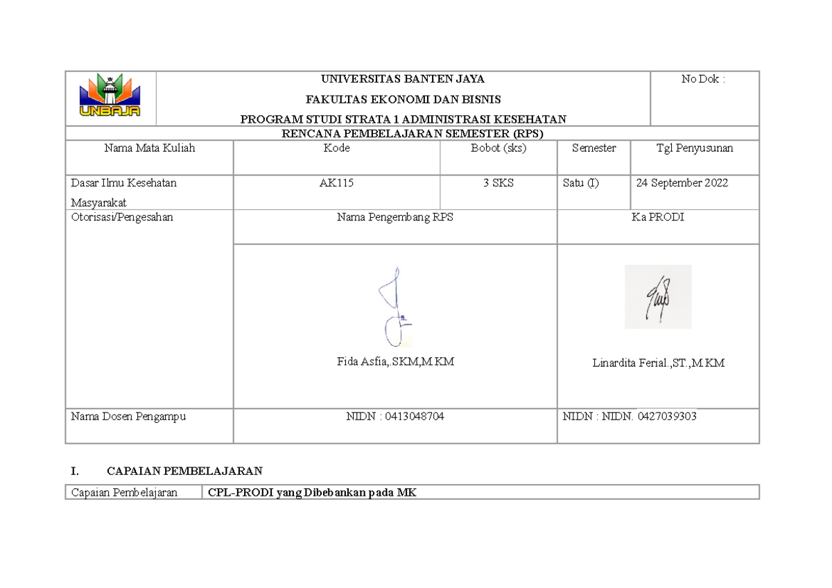 RPS IKM 2022 - rps - UNIVERSITAS BANTEN JAYA FAKULTAS EKONOMI DAN BISNIS PROGRAM STUDI STRATA 1 ...