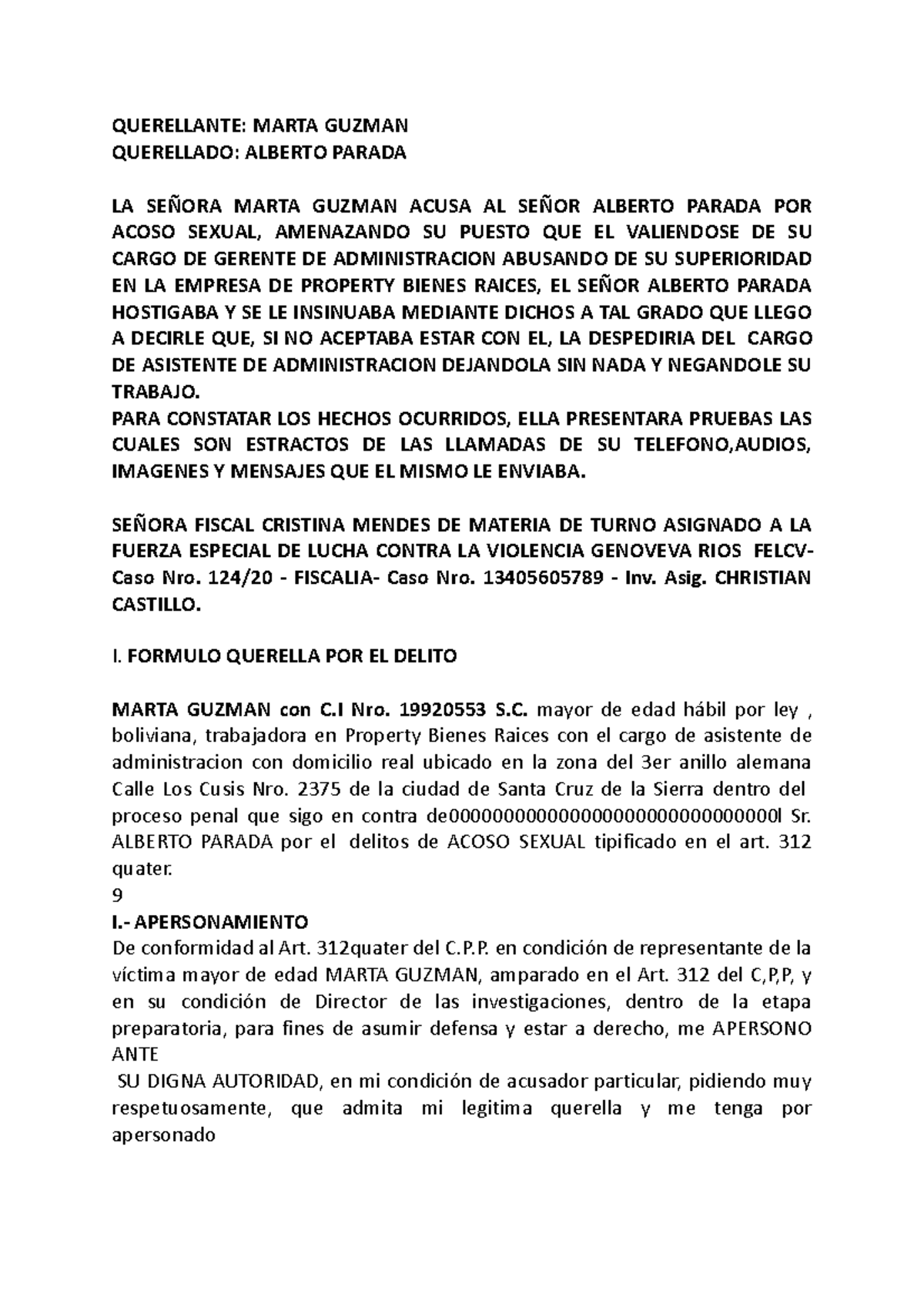 Modelo de querella - derecho civil II - QUERELLANTE: MARTA GUZMAN ...