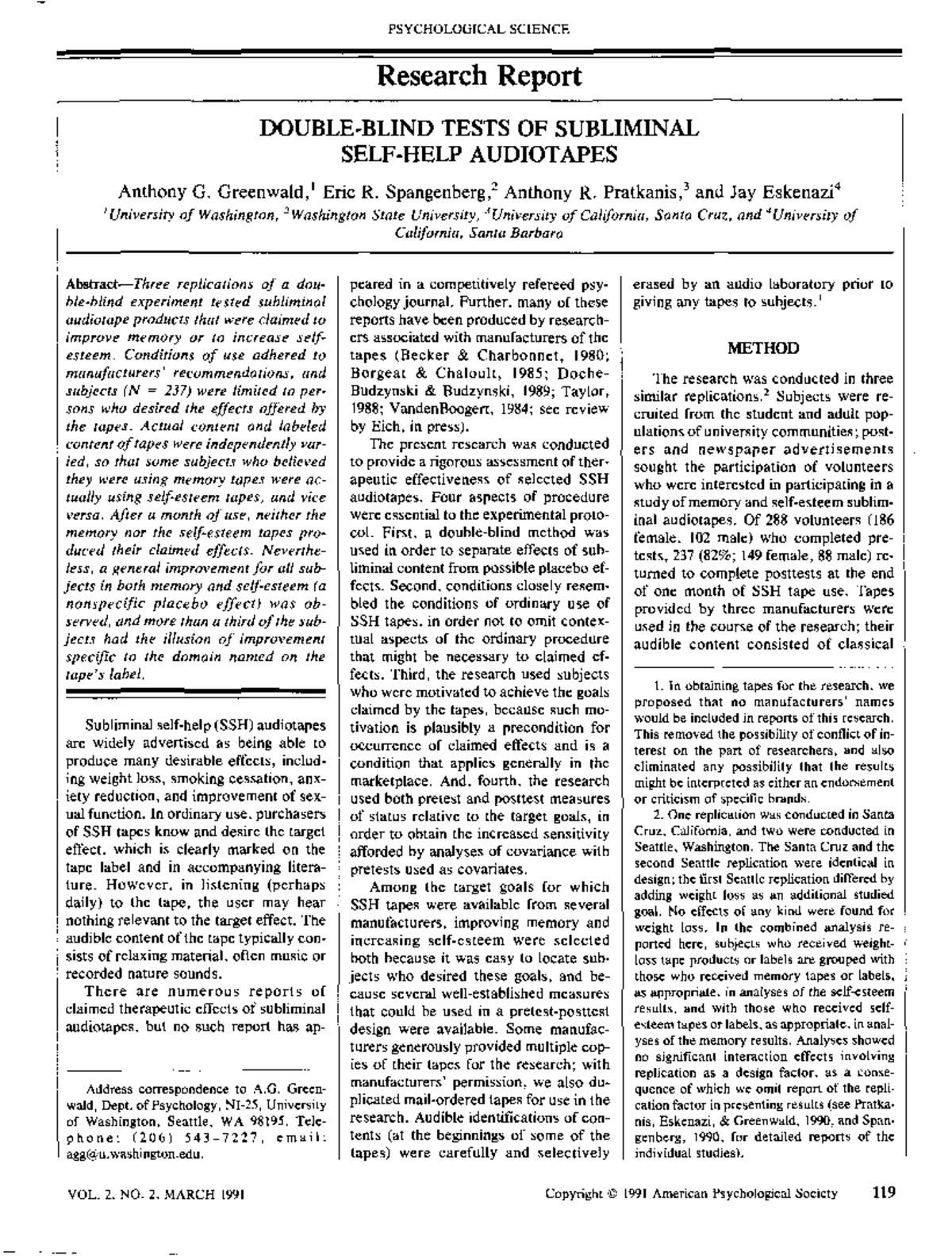 Greenwald et al (1991)-2 - PSYCHOLOGICAL SCIENCE DOUBLE-BLIND TESTS OF ...