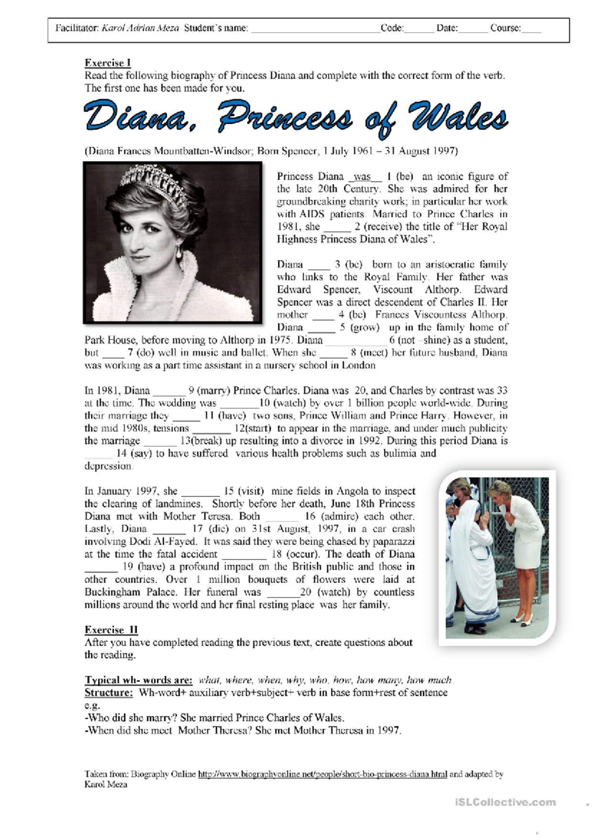 Lady Diana's biography worksheet - Llengua Catalana i Literatura I ...