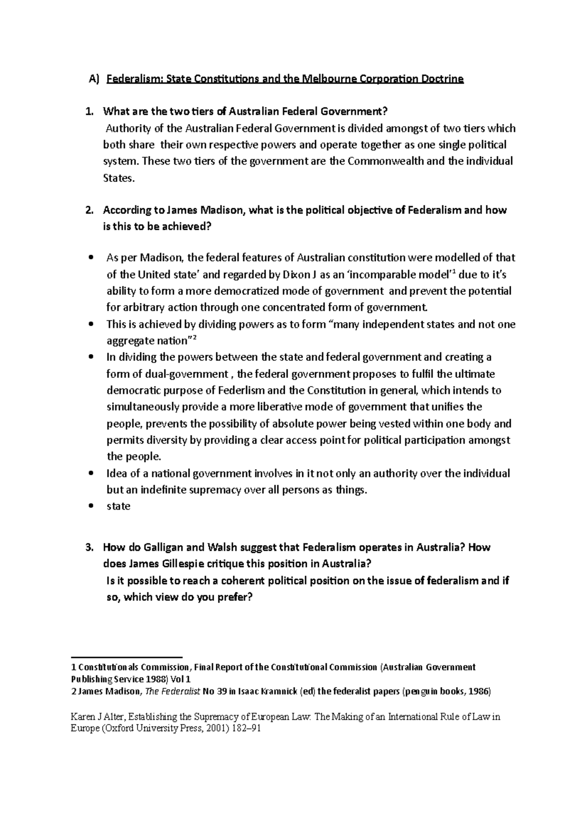 Reading log questions week 4 - A) Federalism: State Constitutions and ...