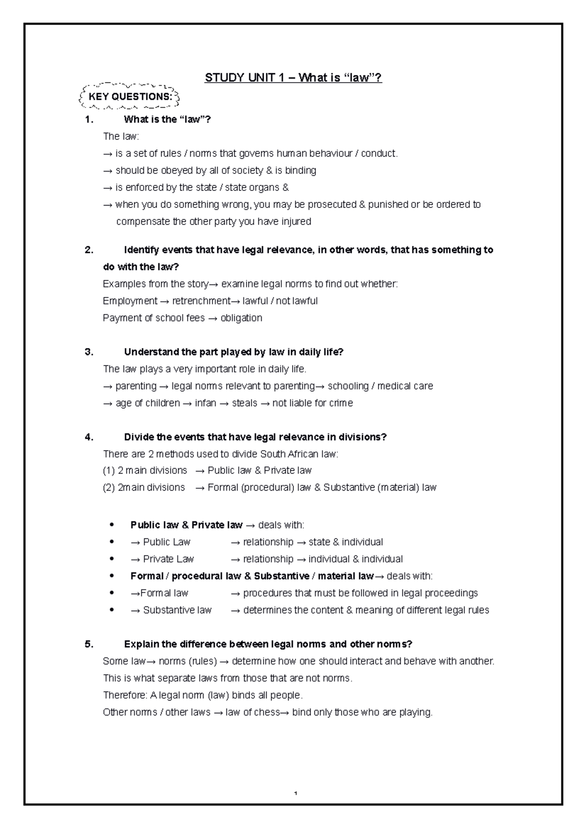 ILW1501-unit summaries - STUDY UNIT 1 – What is “law”? KEY QUESTIONS ...