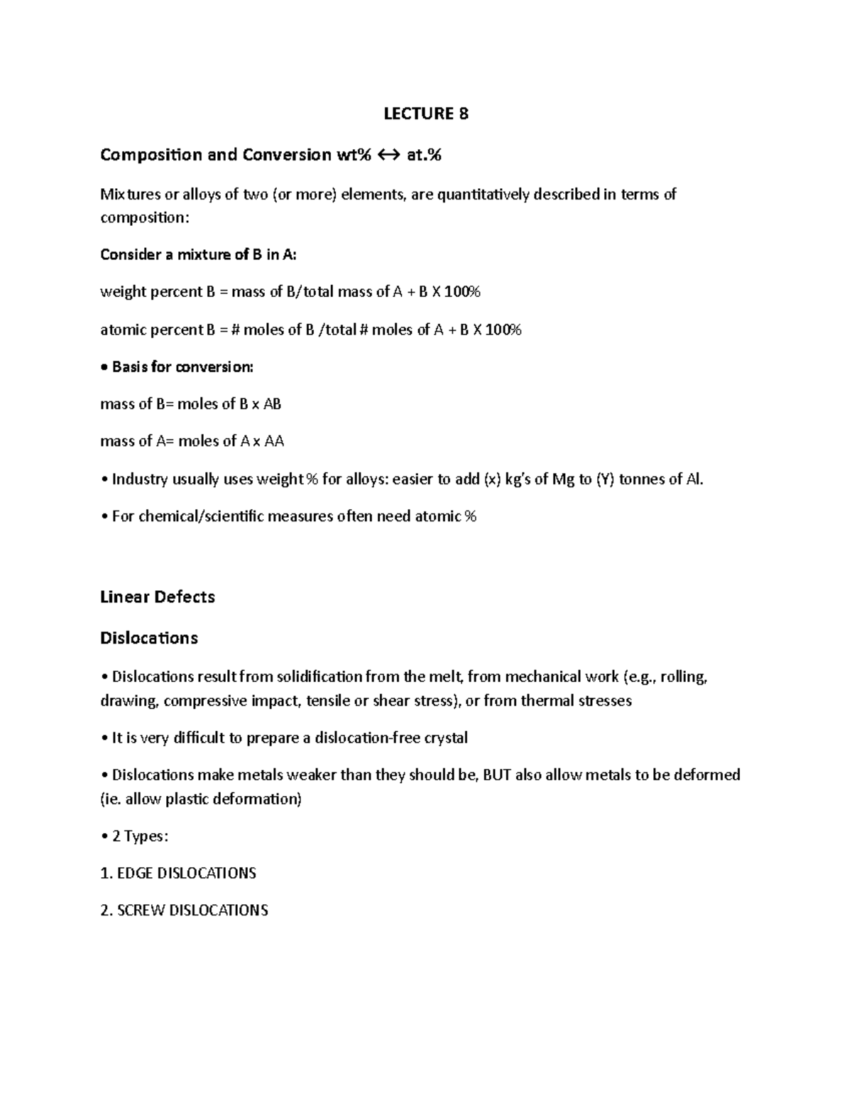 Lecture 8 - non-crystalline materials - LECTURE 8 Composition and Conversion wt% ↔ at.% Mixtures ...