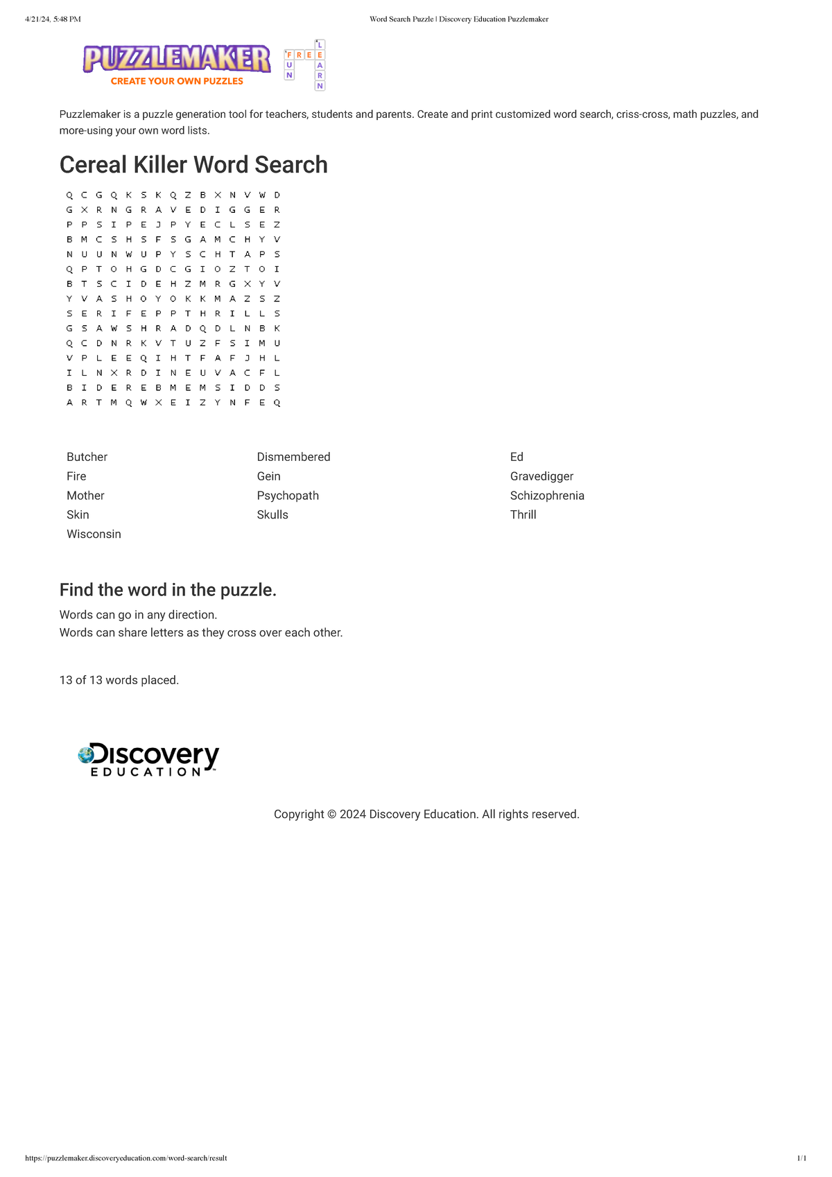 Word Search Puzzle Discovery Education Puzzlemaker - Puzzlemaker is a ...