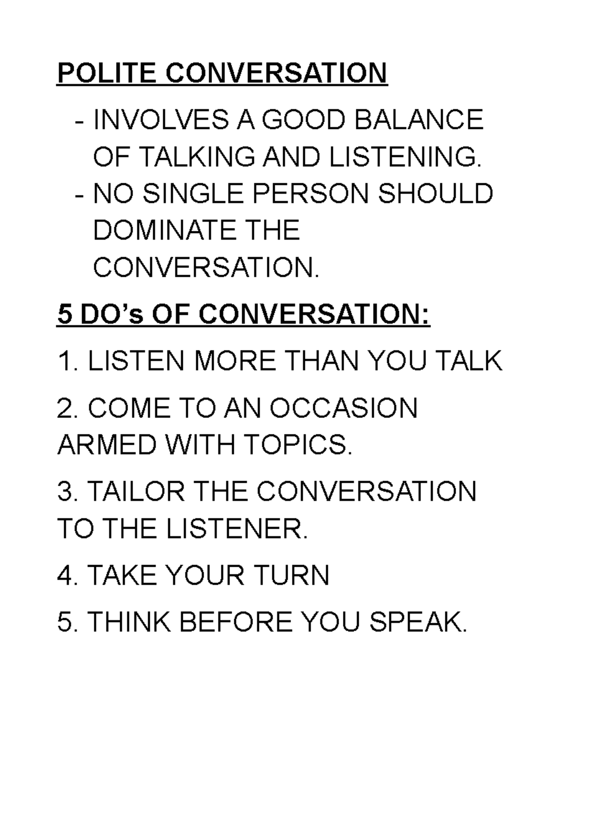 Polite Conversation lecture - POLITE CONVERSATION - INVOLVES A GOOD ...