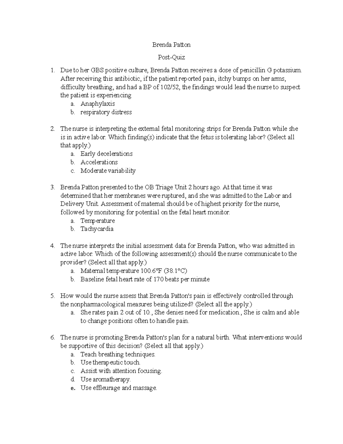 Brenda Patton Post Quiz - Brenda Patton Post-Quiz Due to her GBS ...