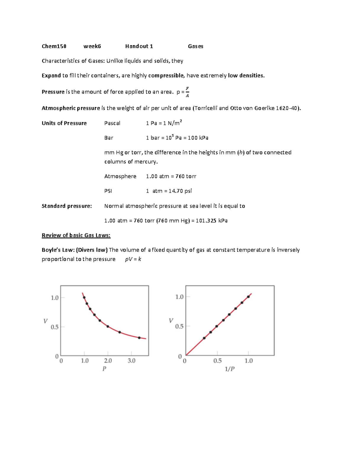 Chem 150 Handout Gases - Chem150 week6 Handout 1 Gases Characteristics ...