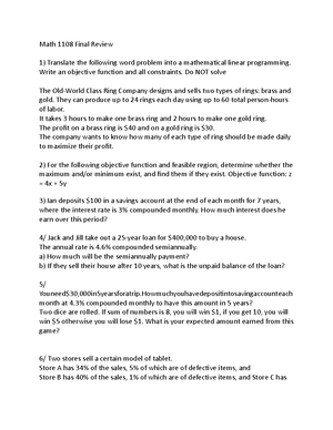 Math 1108 Sample Final - Answers 2 - Math 1108 Sample Final - Answers 2 (6) (5 points) A 10 ...