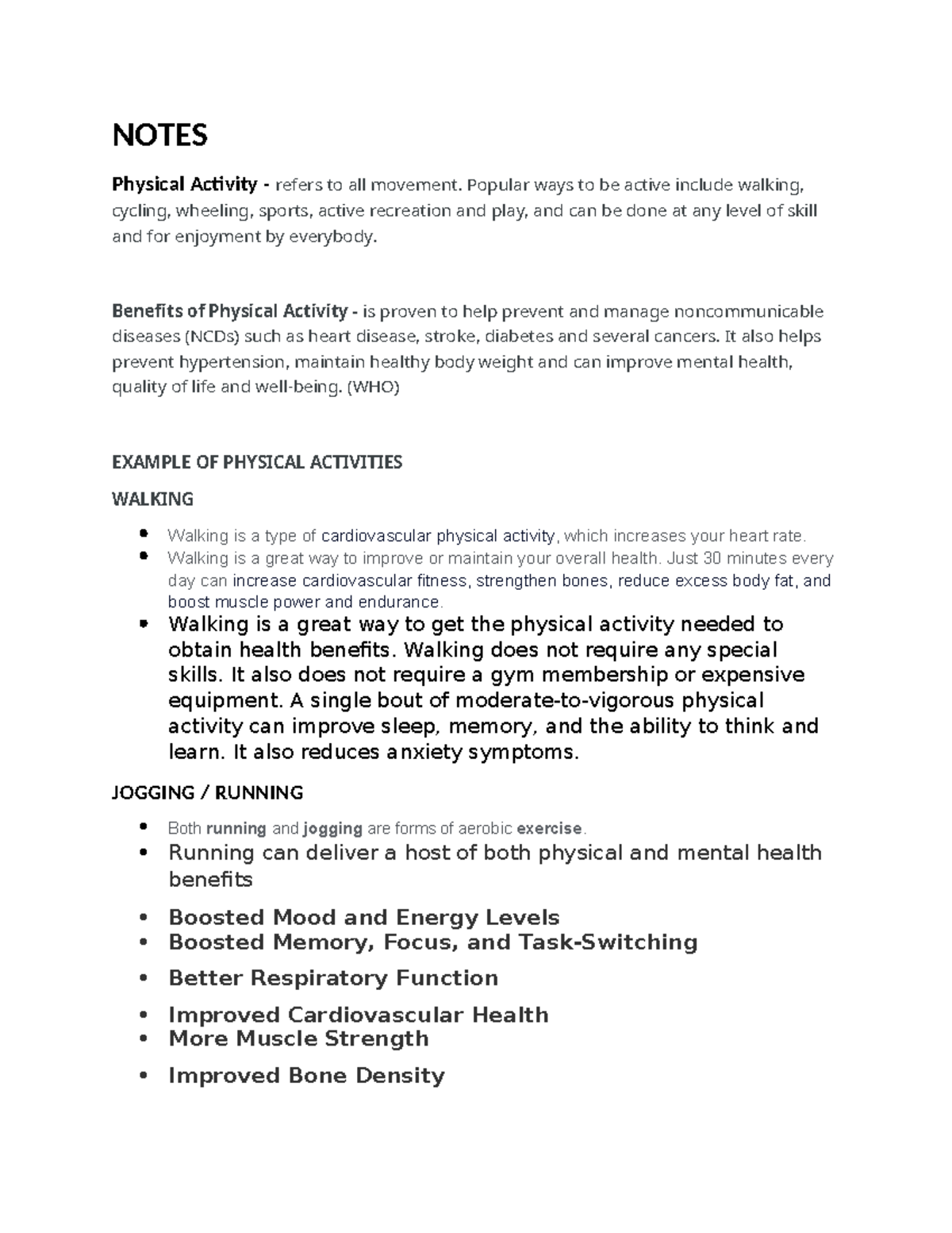 PE_Lecture Notes - NOTES Physical Activity - refers to all movement ...