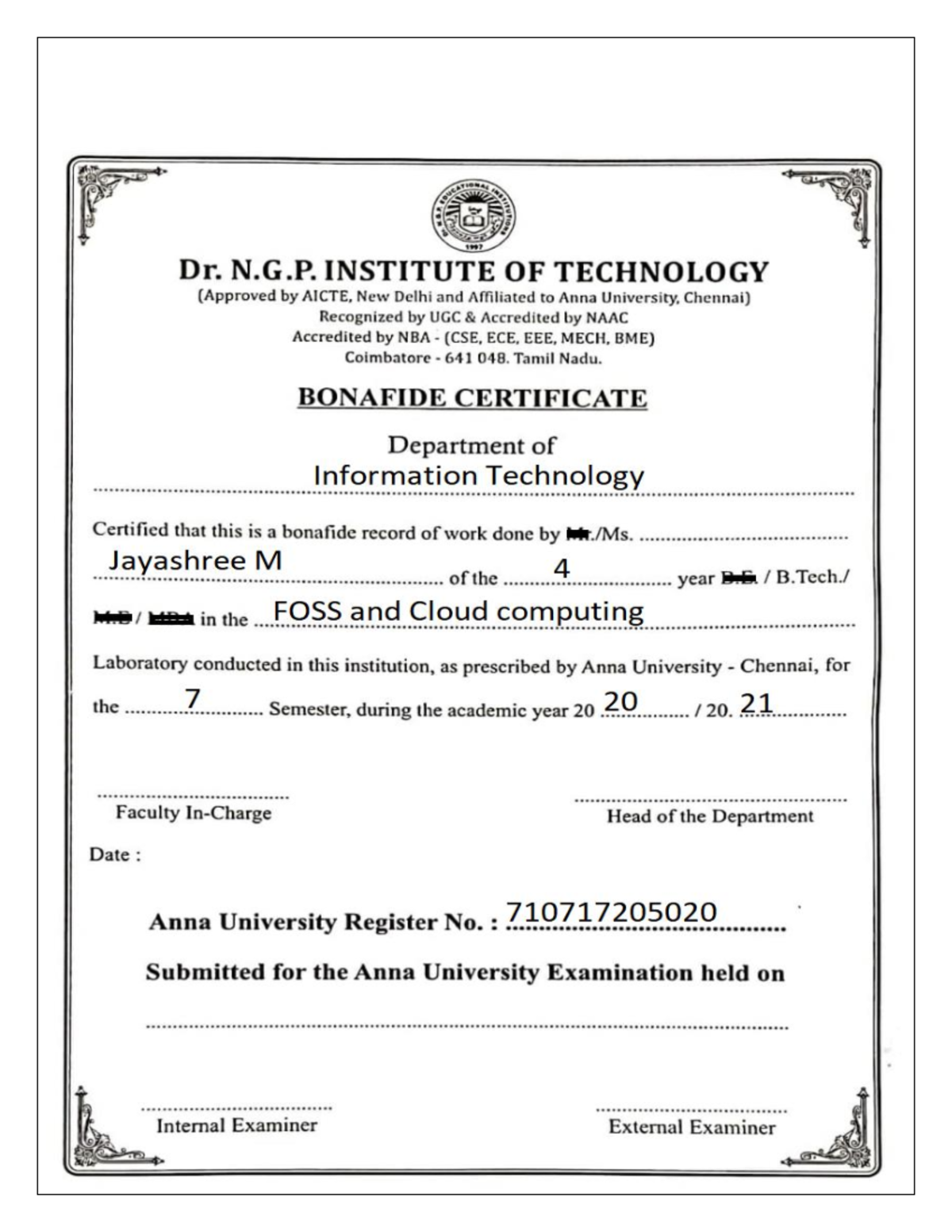 IT8711-FOSS and Cloud Computing Lab - OBJECTIVES To learn and use version control systems To ...