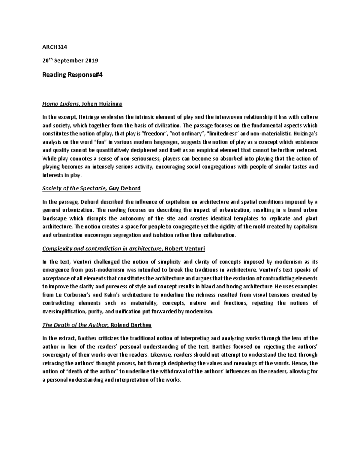 Reading Response 4 - ARCH 20 th September 2019 Reading Response# Homo ...