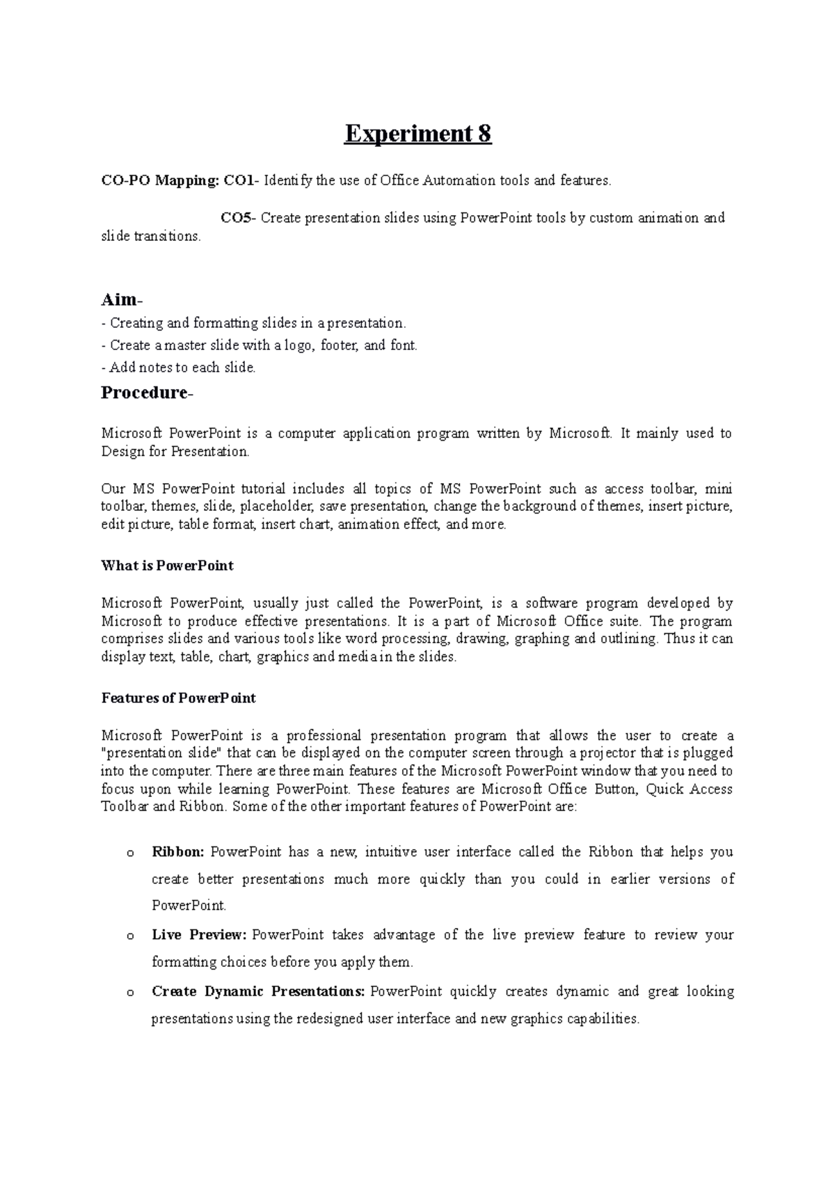 Manual of experiment 3 - assembly and disaasembly - Experiment 8 CO-PO ...