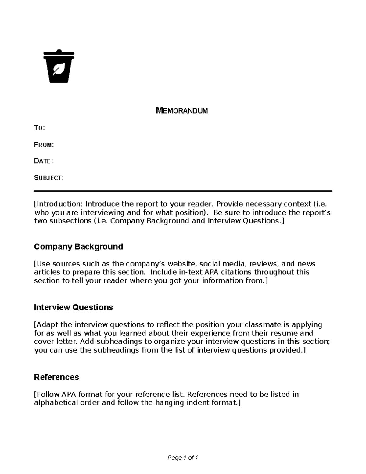 COMM 2200 Interview Prep Memo Template - MEMORANDUM TO: FROM: DATE ...