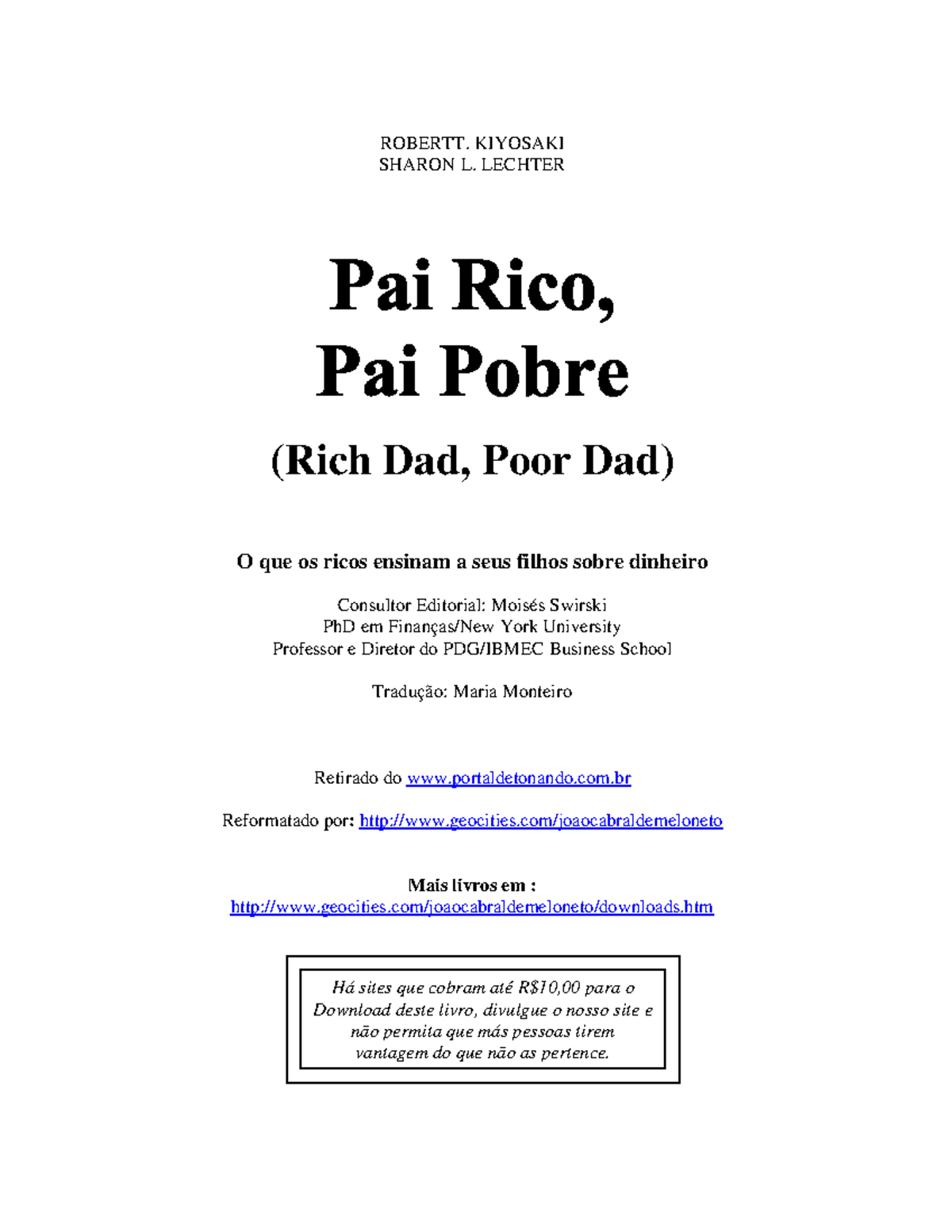 PAI RICO PAI Pobre - Robertt Kiyosaki - ROBERTT. KIYOSAKI SHARON L ...
