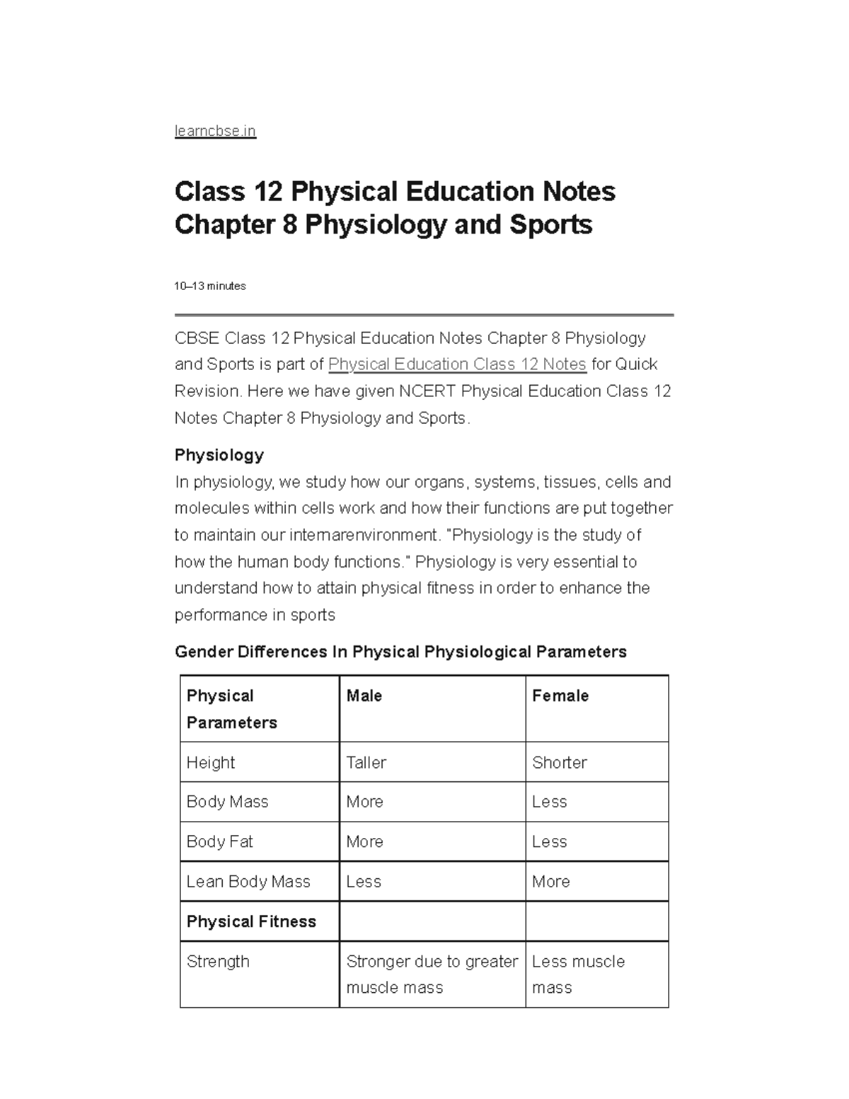 PE Physiology Notes - learncbse Class 12 Physical Education Notes ...