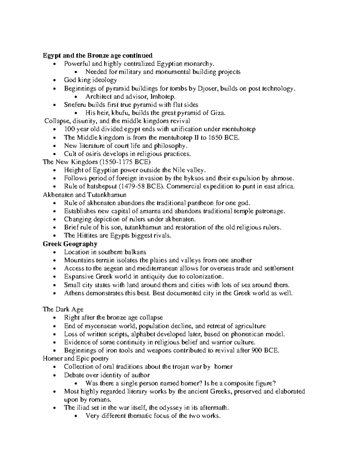 Western Civ notes 2 - Egypt and the Bronze age continued • Powerful and ...