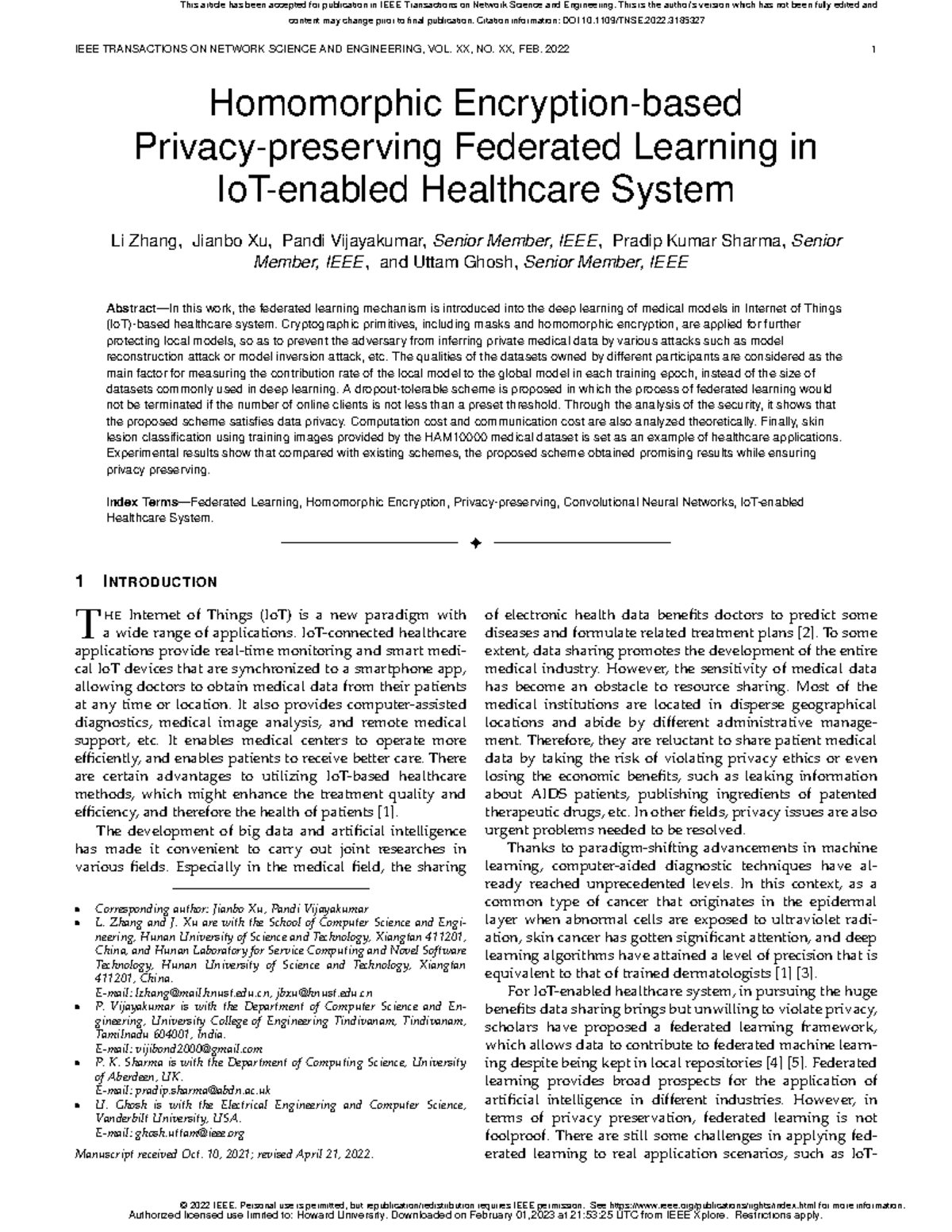 Homomorphic Encryption Based Privacy Preserving Federated Learning In Io T Enabled Healthcare
