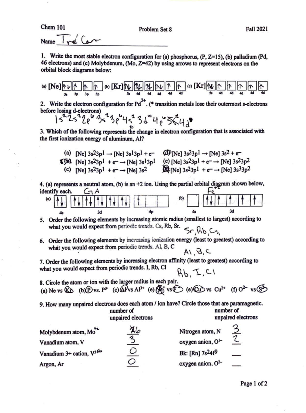 Problem set 8 - Electron configuration of different elements. - Chem ...