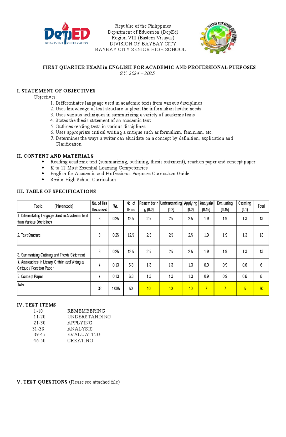 Final-TOS Midterm EAPP (2024-2025) - Republic of the Philippines ...