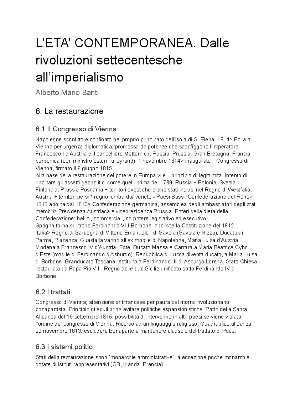 L’ETA’ Contemporanea - Riassunto dei capitoli dal sesto al sedicesimo ...