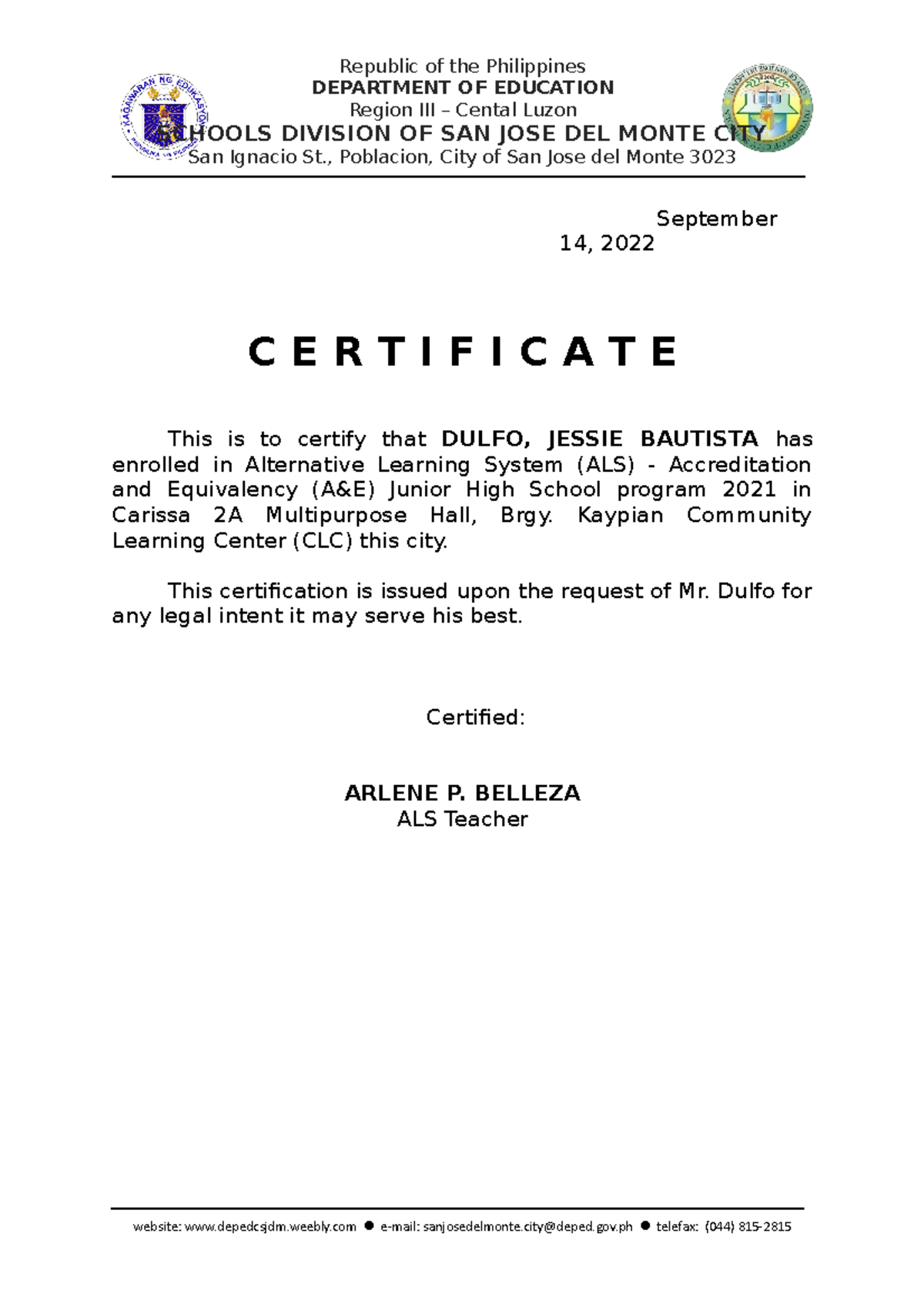 Certificate OF ALS Learner 1 3 Auto Recovered - DEPARTMENT OF EDUCATION ...